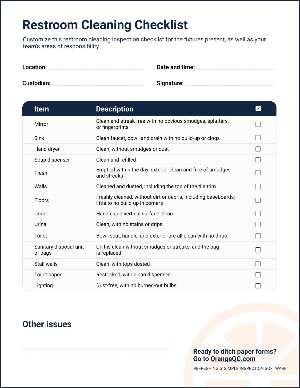 Restroom Inspection Form and Cleaning Checklist | OrangeQC