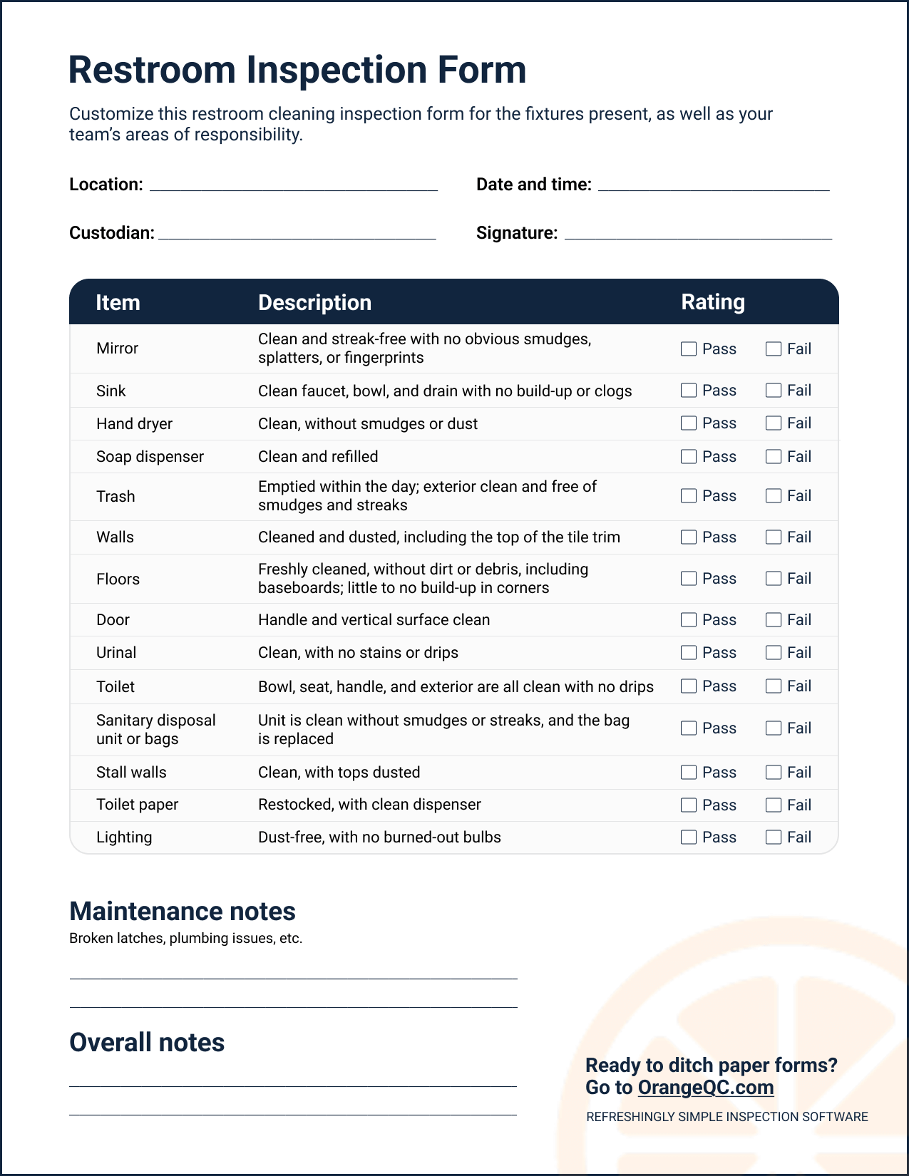 Restroom Inspection Form and Cleaning Checklist | OrangeQC