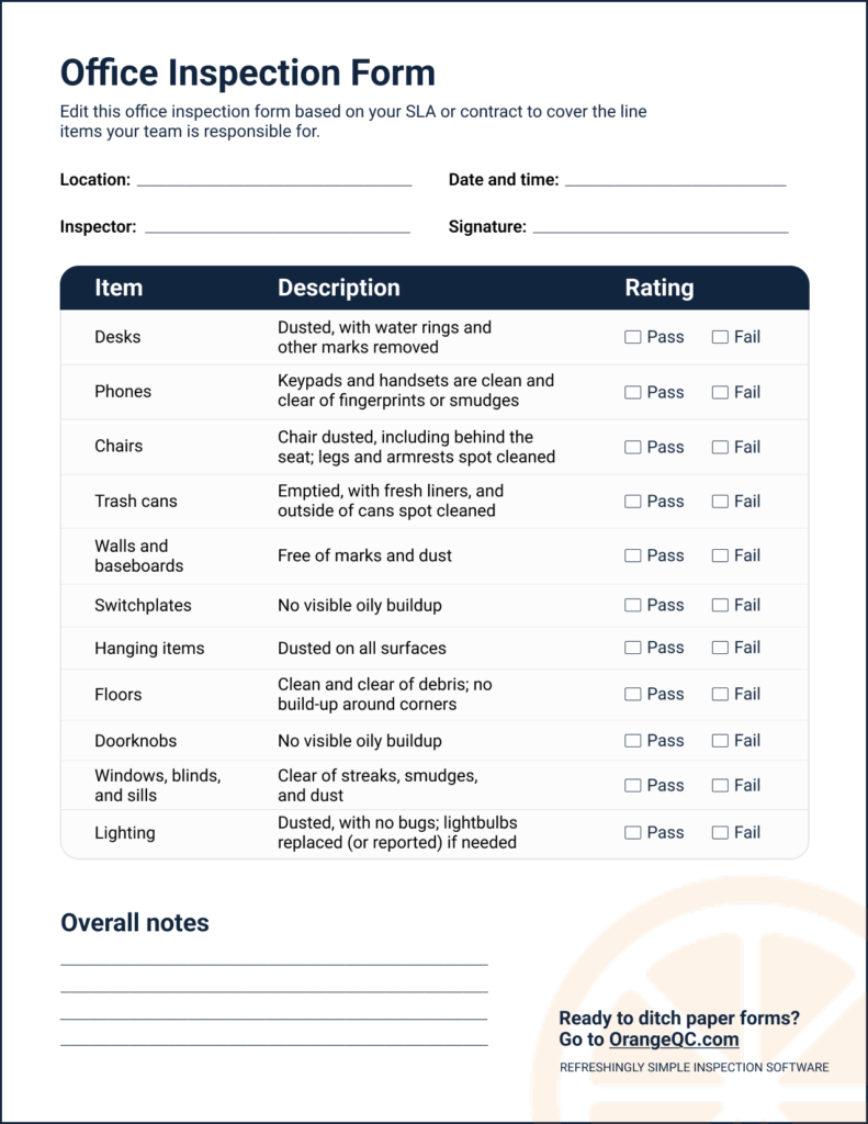 Office Inspection Form and Cleaning Checklist | OrangeQC
